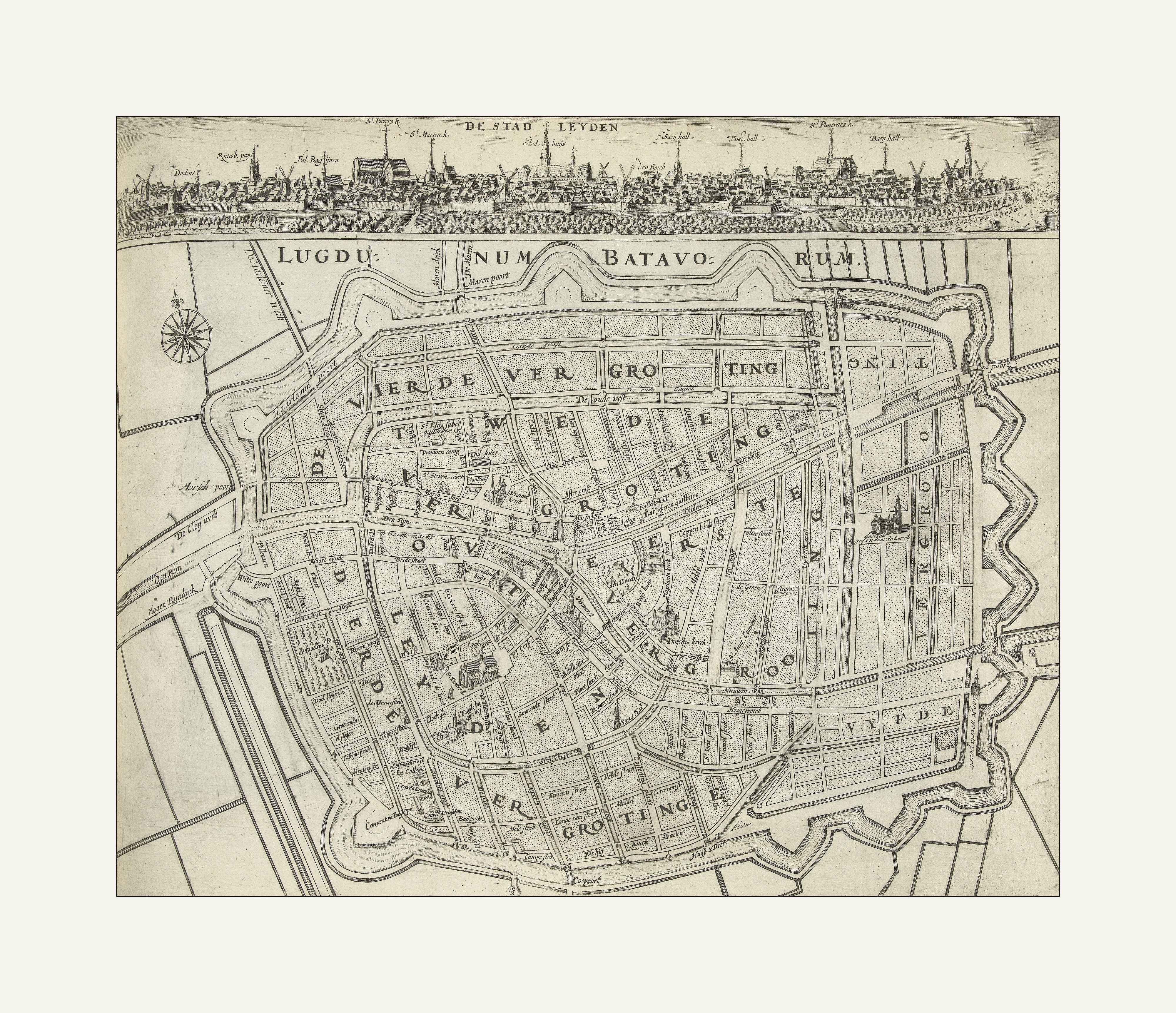 Historische kaart van Leiden met stadsgezicht | Frisius