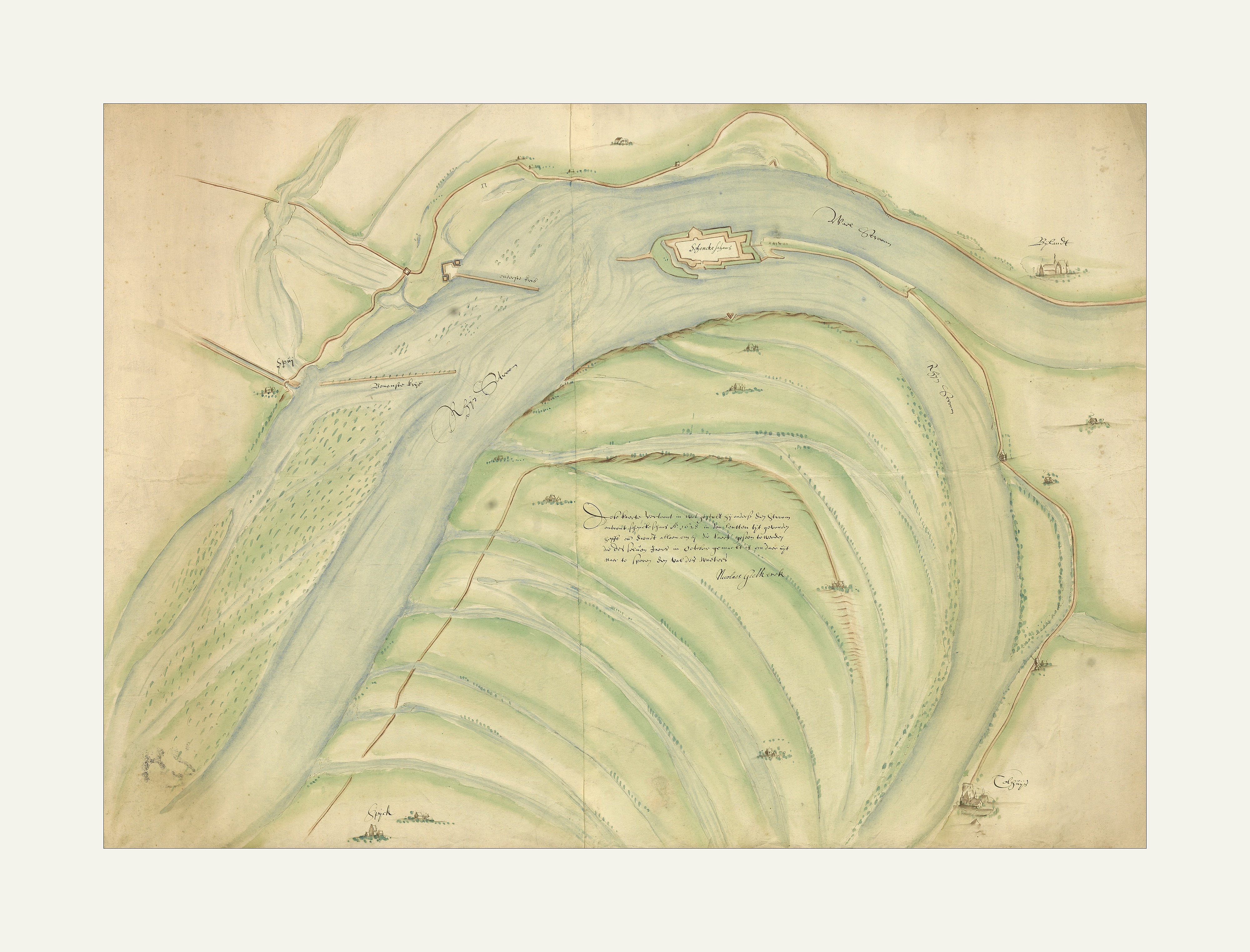 Oude kaart Rijn en Waal bij Lobith | Frisius