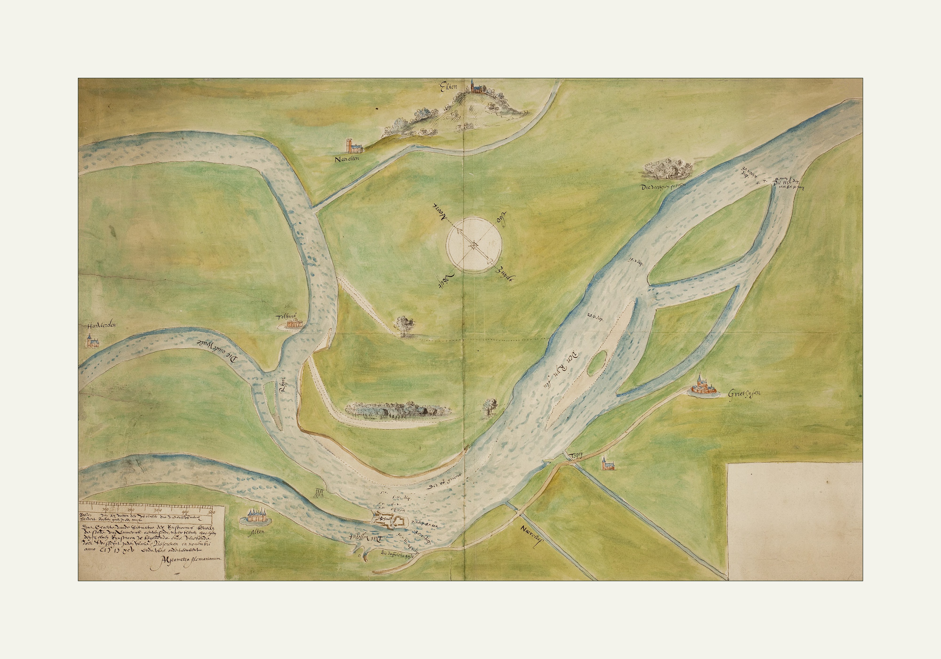 Oude kaart Rijn en Waal bij Lobith | Frisius